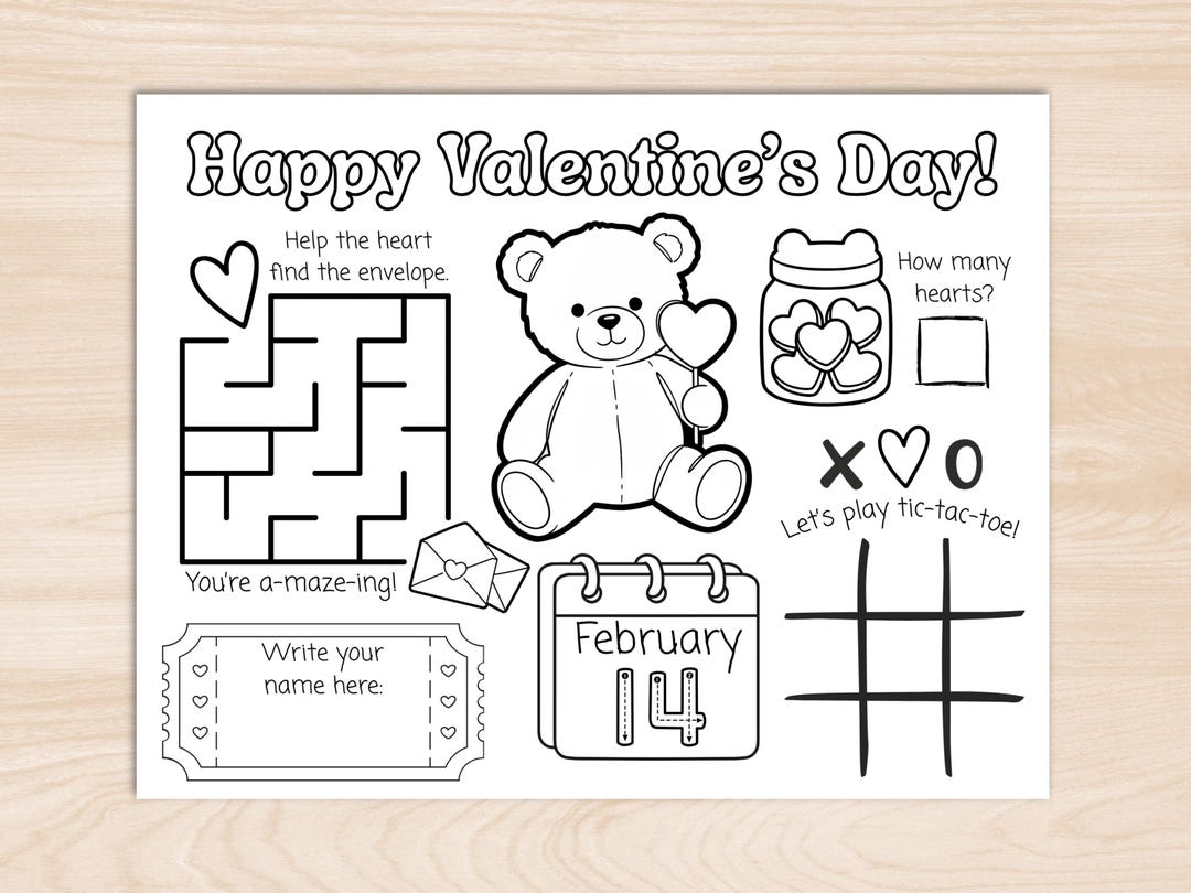 Valentines Day Activity Placemat for Kids, Preschool Valentine Activity ...