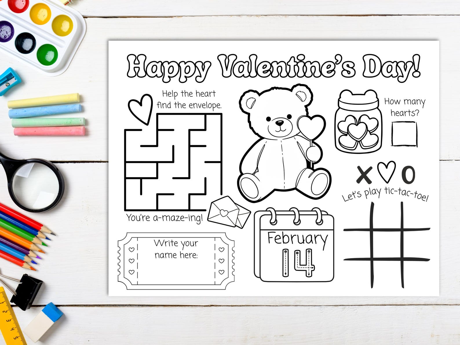 Valentines Day Activity Placemat for Kids, Preschool Valentine Activity ...
