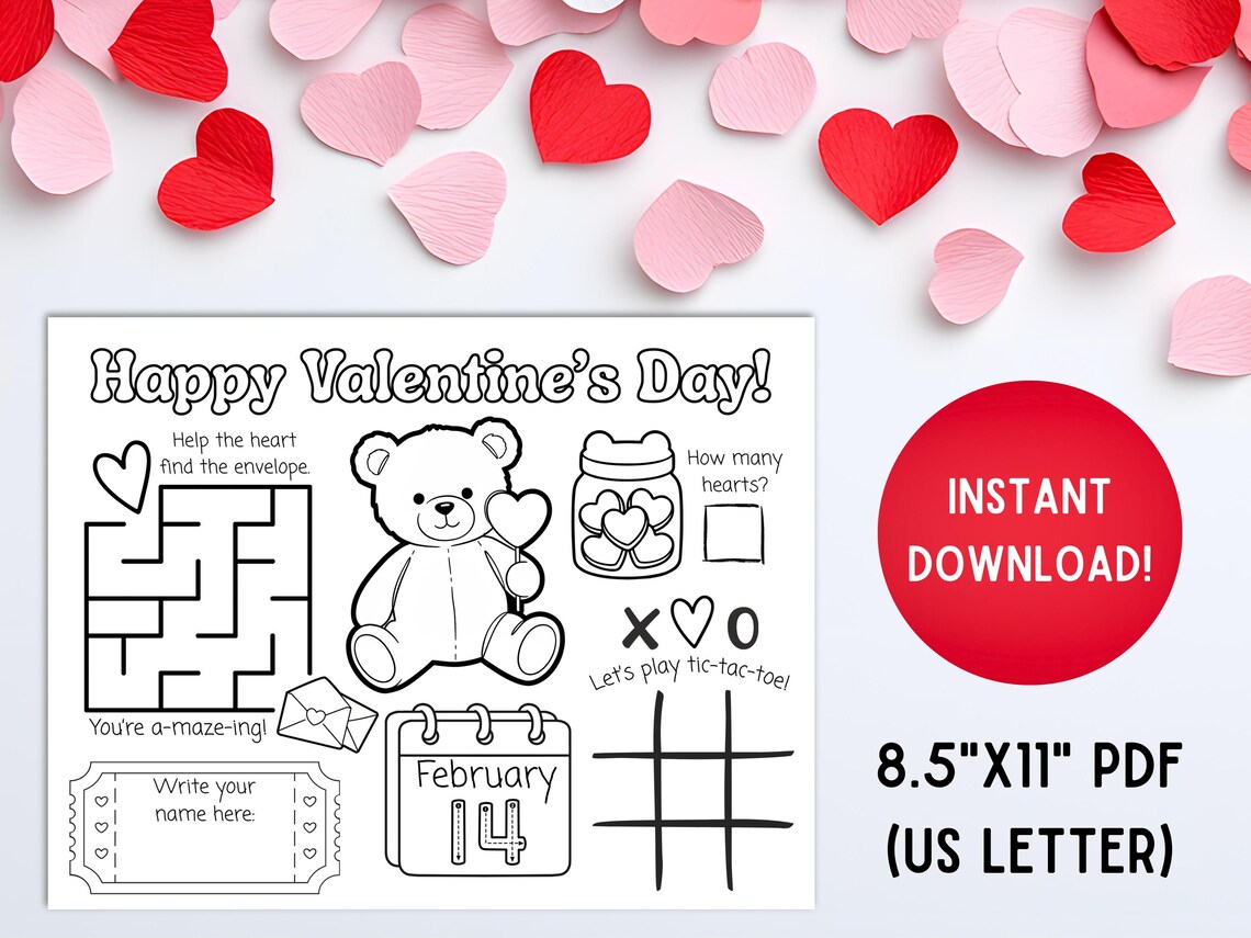 Valentines Day Activity Placemat for Kids, Preschool Valentine Activity ...