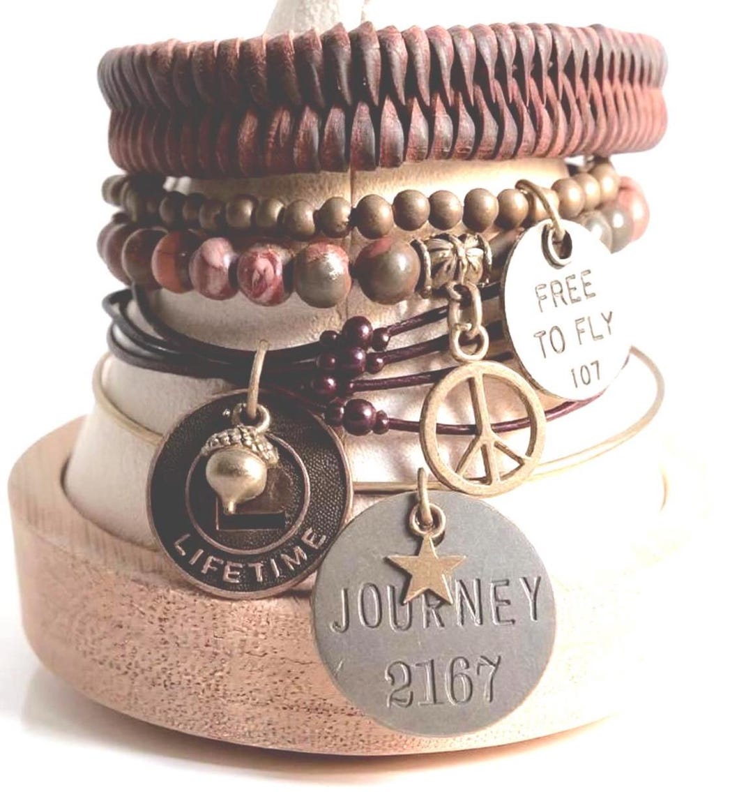 Boho Bracelet Set Stack of 9, Layered Leather & Beaded Bracelets ...