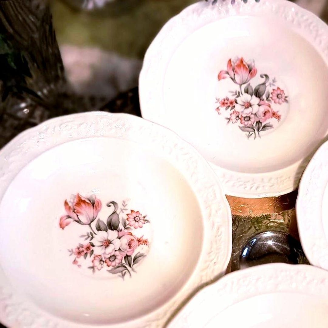 Vintage Crown Pottery Set: Pink & Gray Porcelain Plates, 7-piece - Etsy