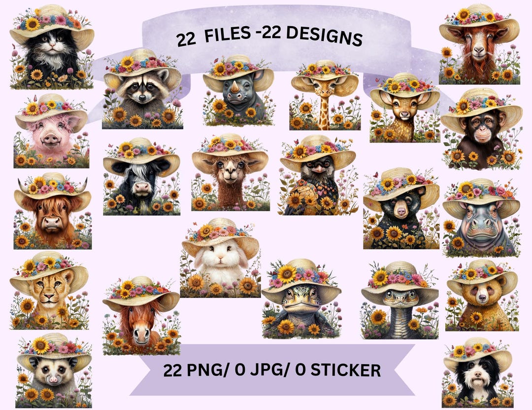 Animals in Spring Hats and Flowers Digital File Collection PNG ...