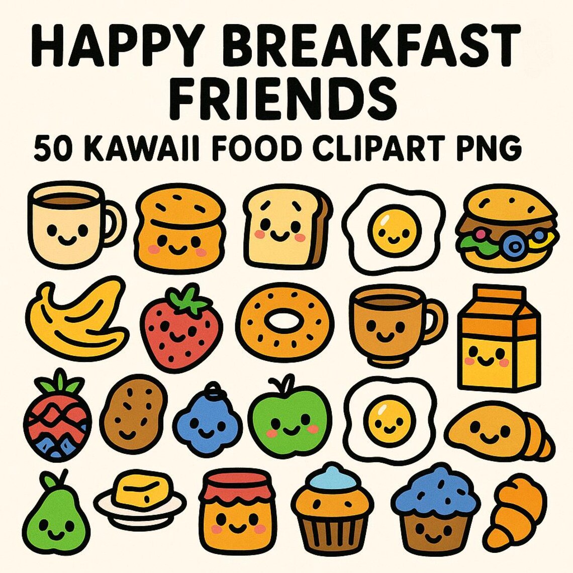 Happy Breakfast Friends – 50 Kawaii Food Clipart PNG | Cute Breakfast ...