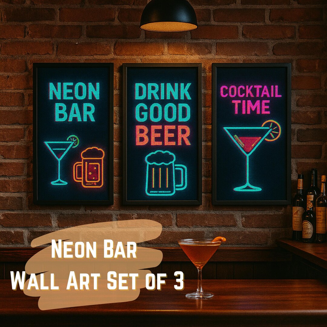 Neon Bar Wall Art Set of 3 | Glitch Style Cocktail & Beer Posters ...