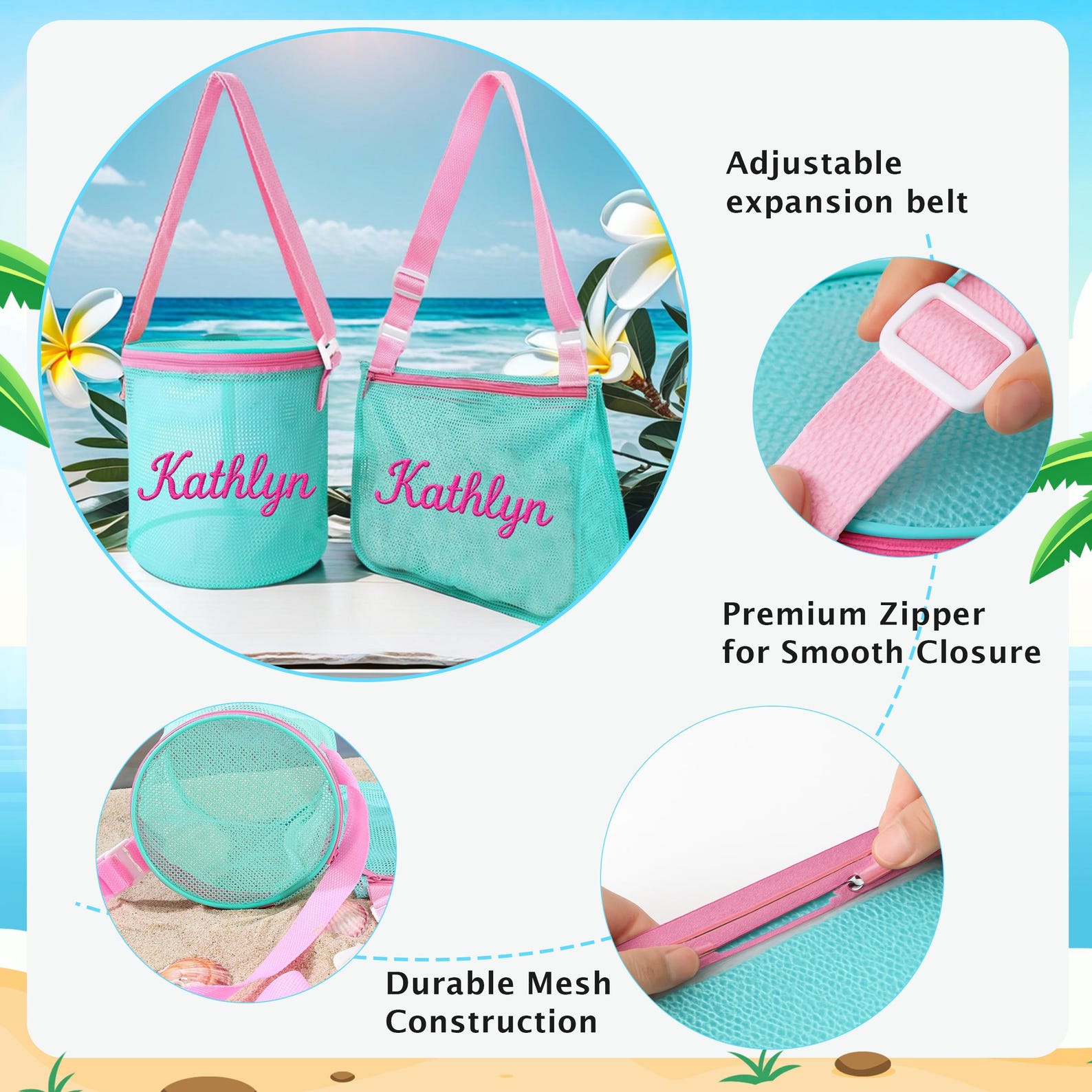Personalized Mesh Beach Bag Set – Custom Name Seashell Bags for Kids ...