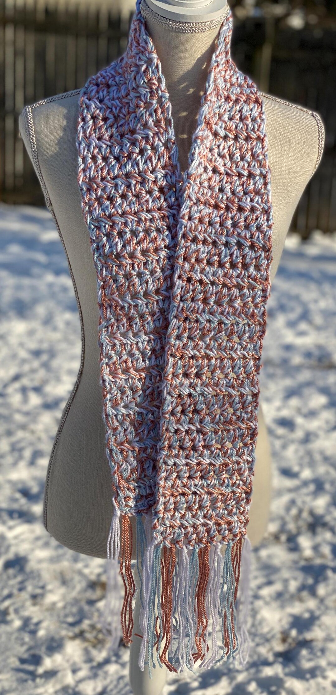 Thick Chunky Crochet Scarf, Coral Light Blue and White Scarf, Shorter ...