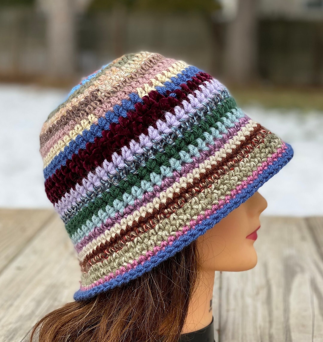 Crochet Bucket Hat, Rolled Brim Hat, Scrap Beanie, Funky Colorful Boho ...