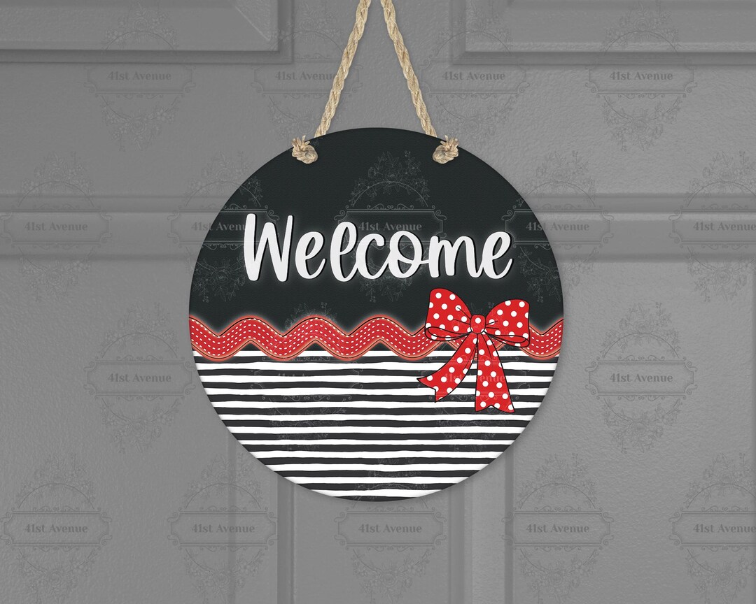 DIGITAL FILE - Black & White Stripes Red Bow, Welcome Door Hanger ...