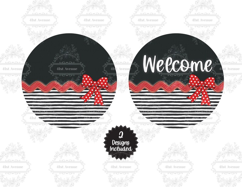 DIGITAL FILE - Black & White Stripes Red Bow, Welcome Door Hanger ...
