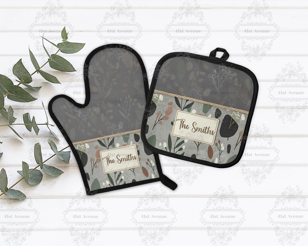 DIGITAL FILE - Linen & Leaves Dusk Gray, Personalized Oven Mitt and Pot ...