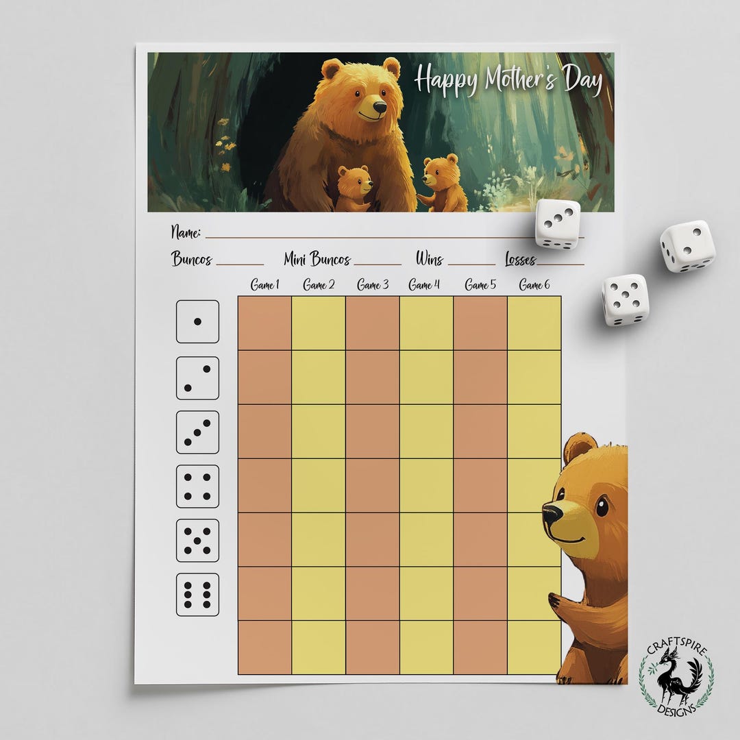 Mother’s Day Bunco Score Sheet Printable – Cute Bear Family Theme ...