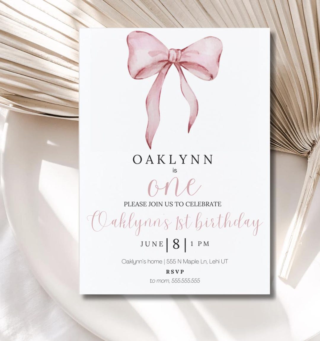 Pink Bow 1st Birthday Invitation Girl, Pink Coquette Bow Invitation ...