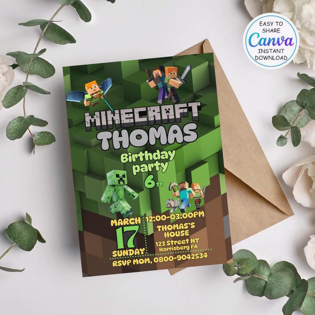 Editable Pixel Birthday Invitation Block Party Invite Gamer Birthday ...