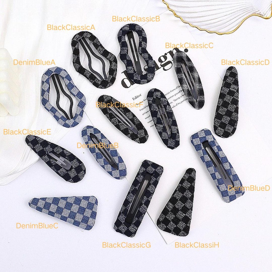 Checkerboard Hair Clips | Black and White Snap Barrettes | Denim Blue ...