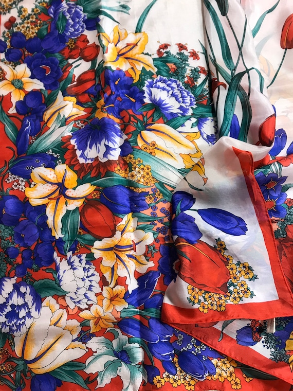Vintage Silk Scarf, Hand-Rolled, Spring Flowers in Vi… - Gem