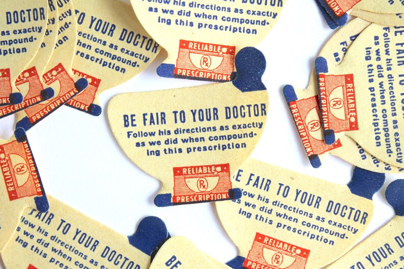 Vintage Gummed Pharmacy Labels - Small Die Cut Mortar and Pestle Shape ...