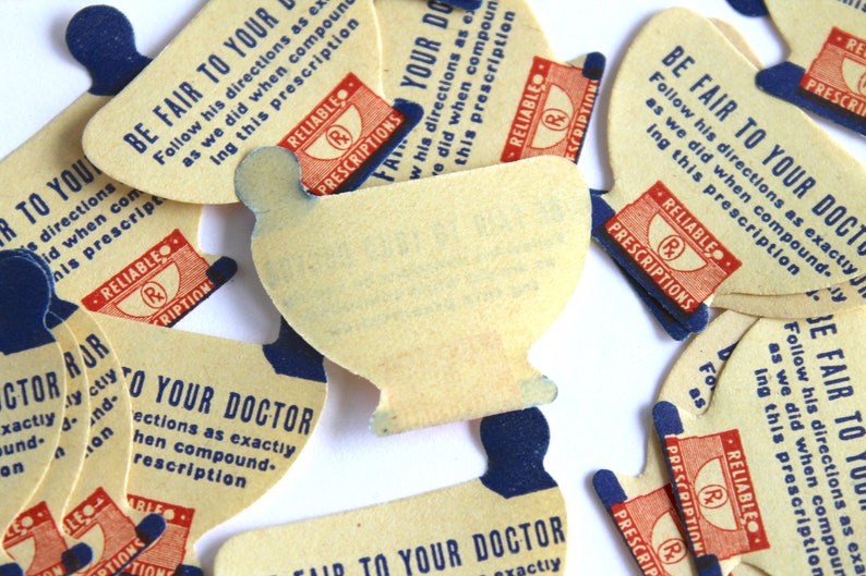 Vintage Gummed Pharmacy Labels - Small Die Cut Mortar and Pestle Shape ...