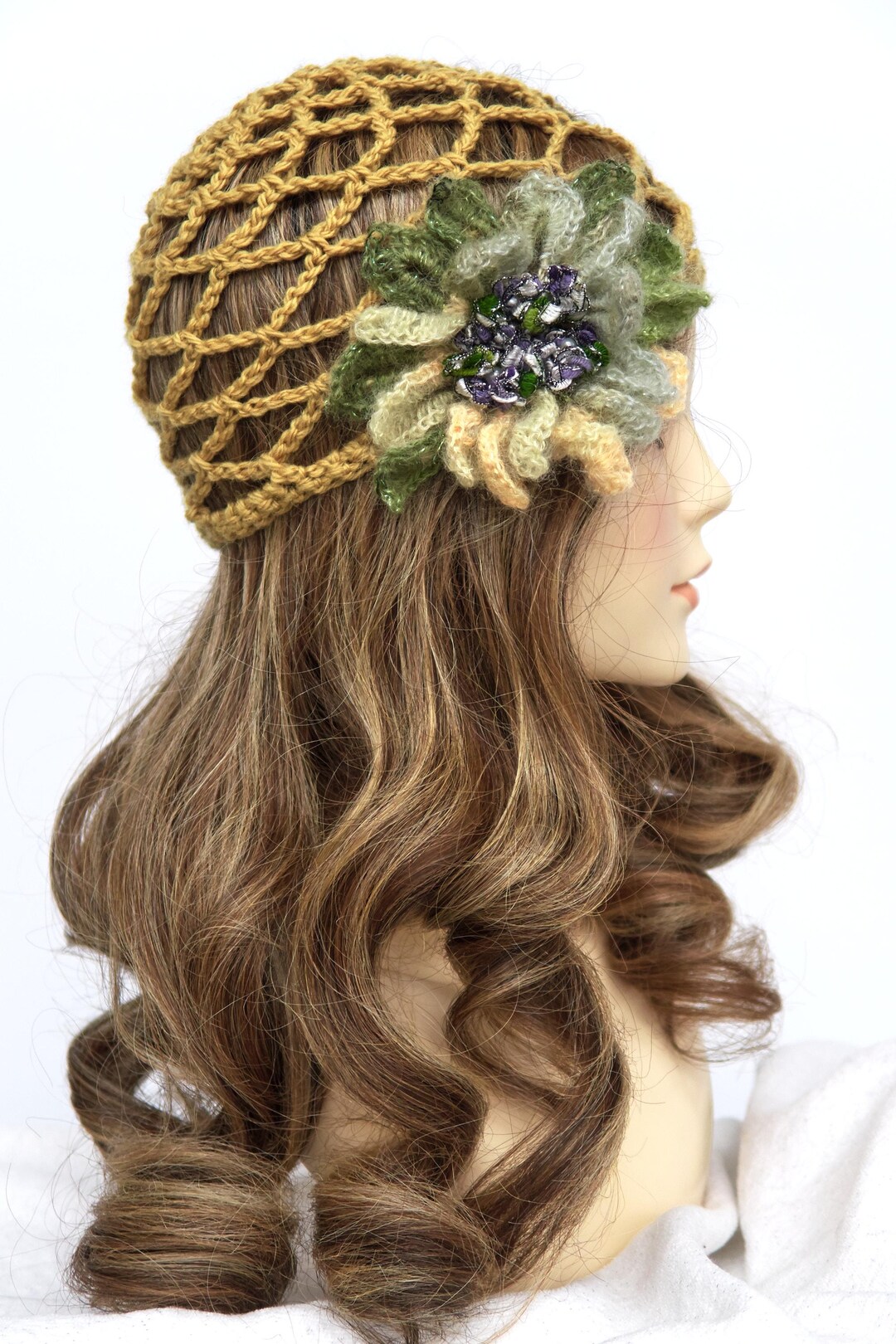 Crocheted Beanie Net Flapper Hat Mustard Yellow Color Skull Mesh Cap ...