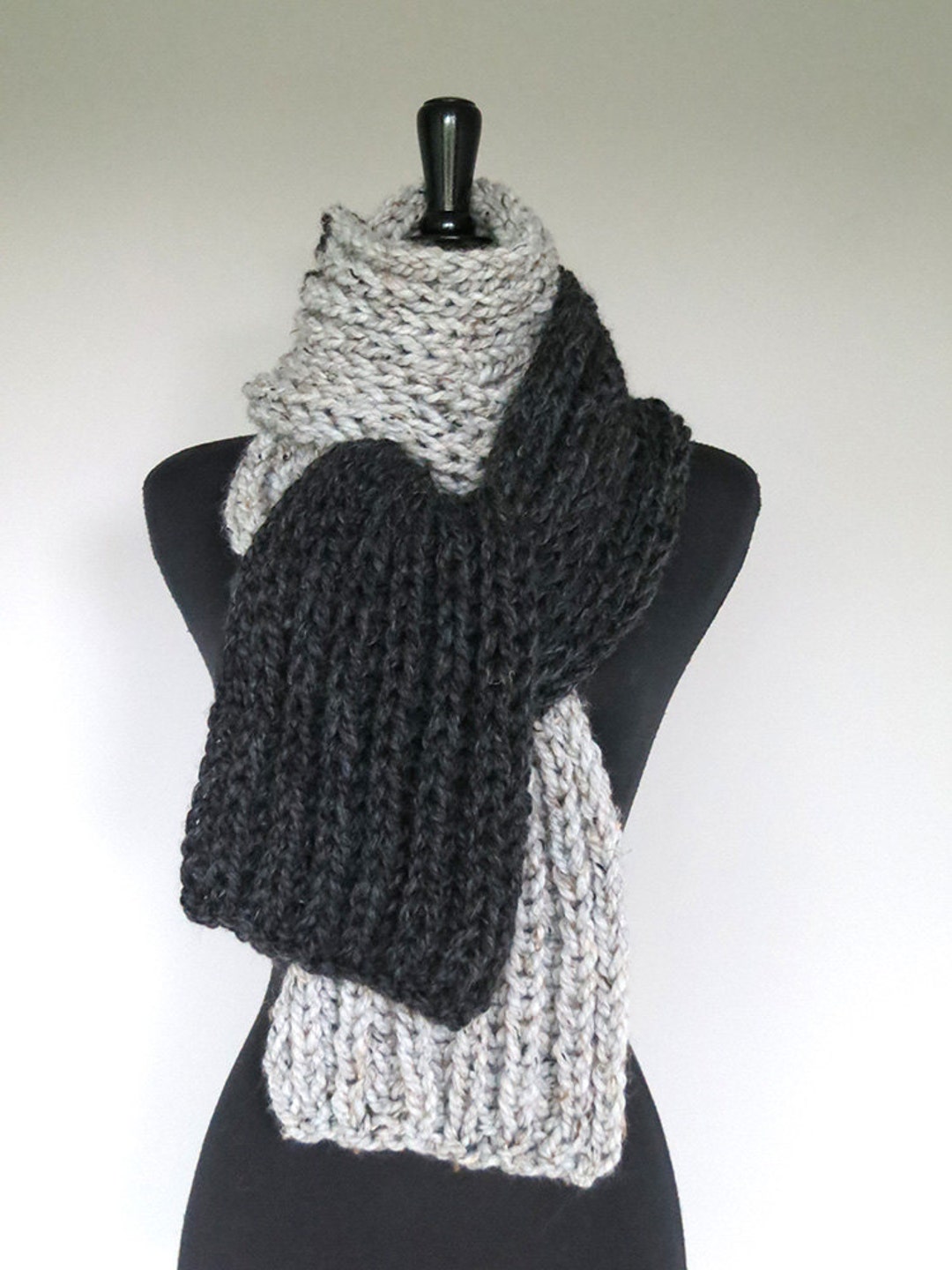 Knitted Scarf Two Colors Colorblock Light Dark Gray Charcoal - Etsy