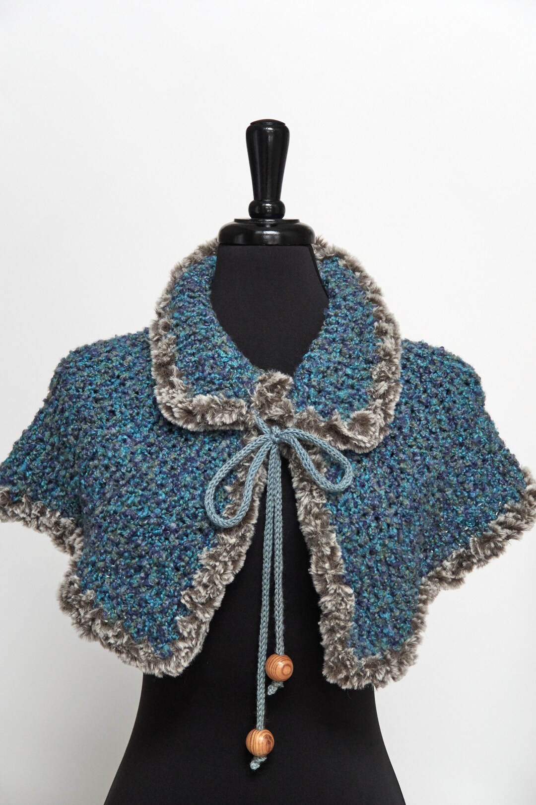 Knitted Turquoise Blue Capelet With Faux Fur Trim and Cord Ties and ...