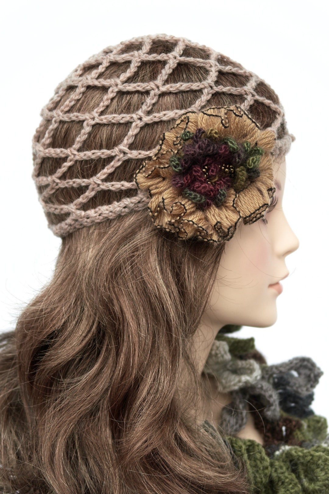 Crocheted Net Mesh Skull Beige Flapper Hat With Flower - Etsy