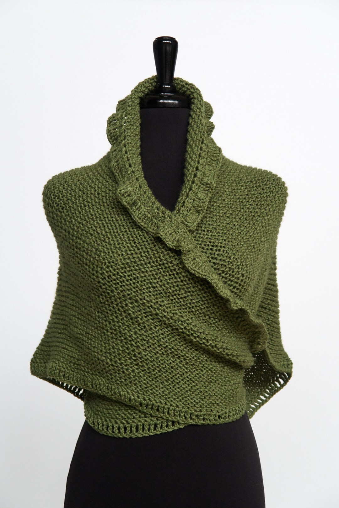 Knitted Wool Shawl Green Olive Color Wrap Stole Ruffled Trim - Etsy