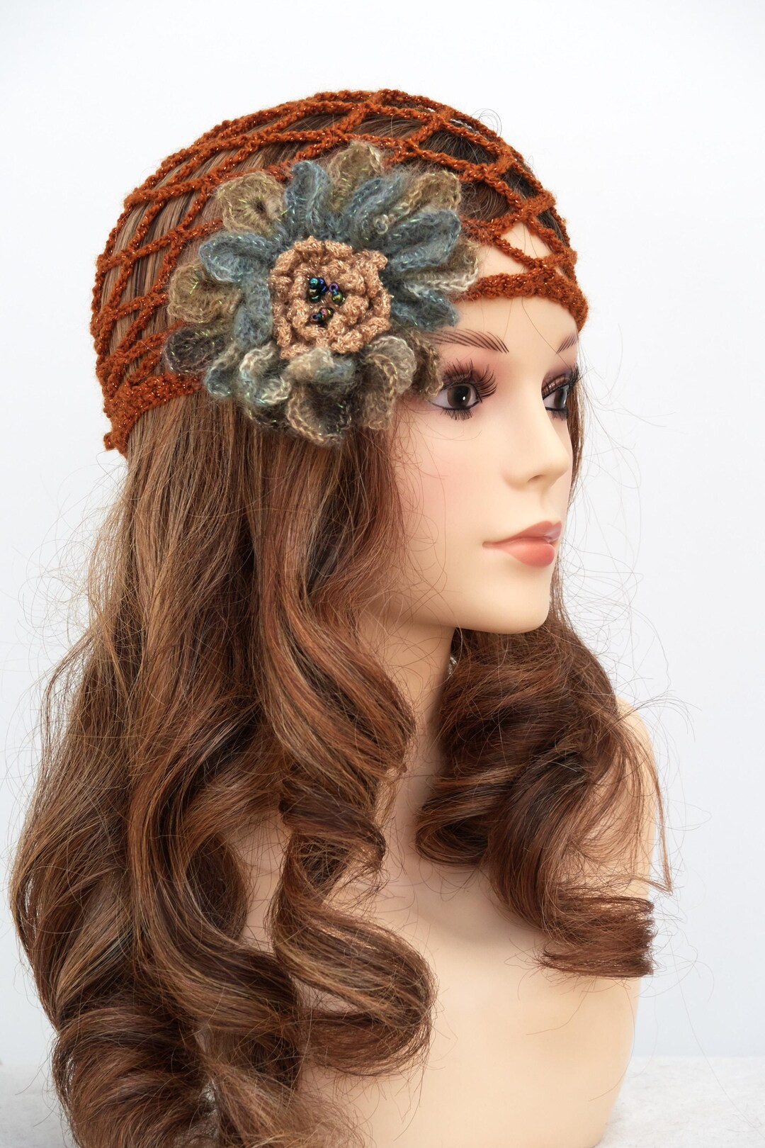 Crocheted Beanie Net Flapper Hat Bronze Color Skull Mesh Cap With ...