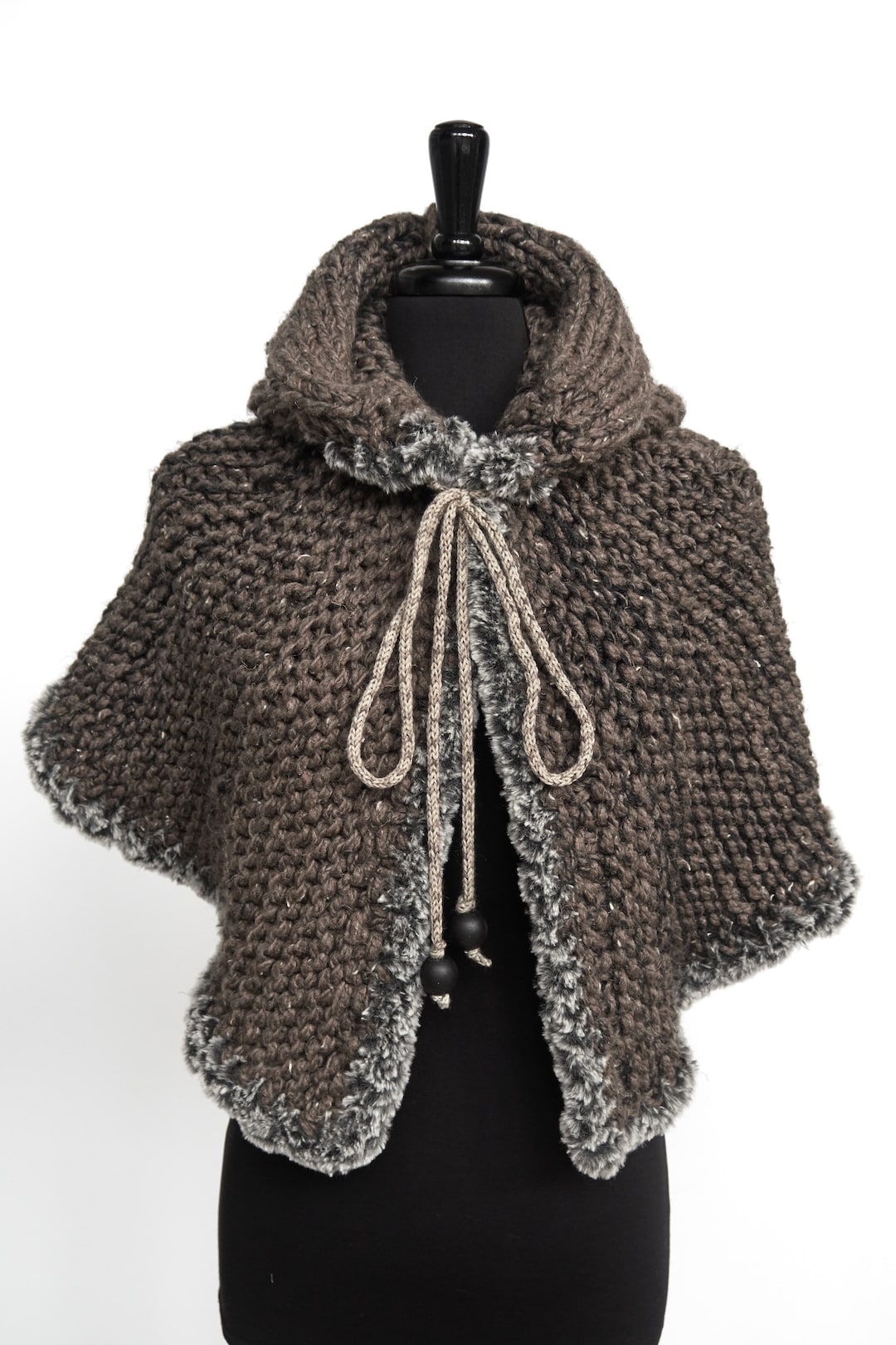 Knitted Hooded Cape Poncho Tweed Wrap With Faux Fur Trim and Cord Ties ...