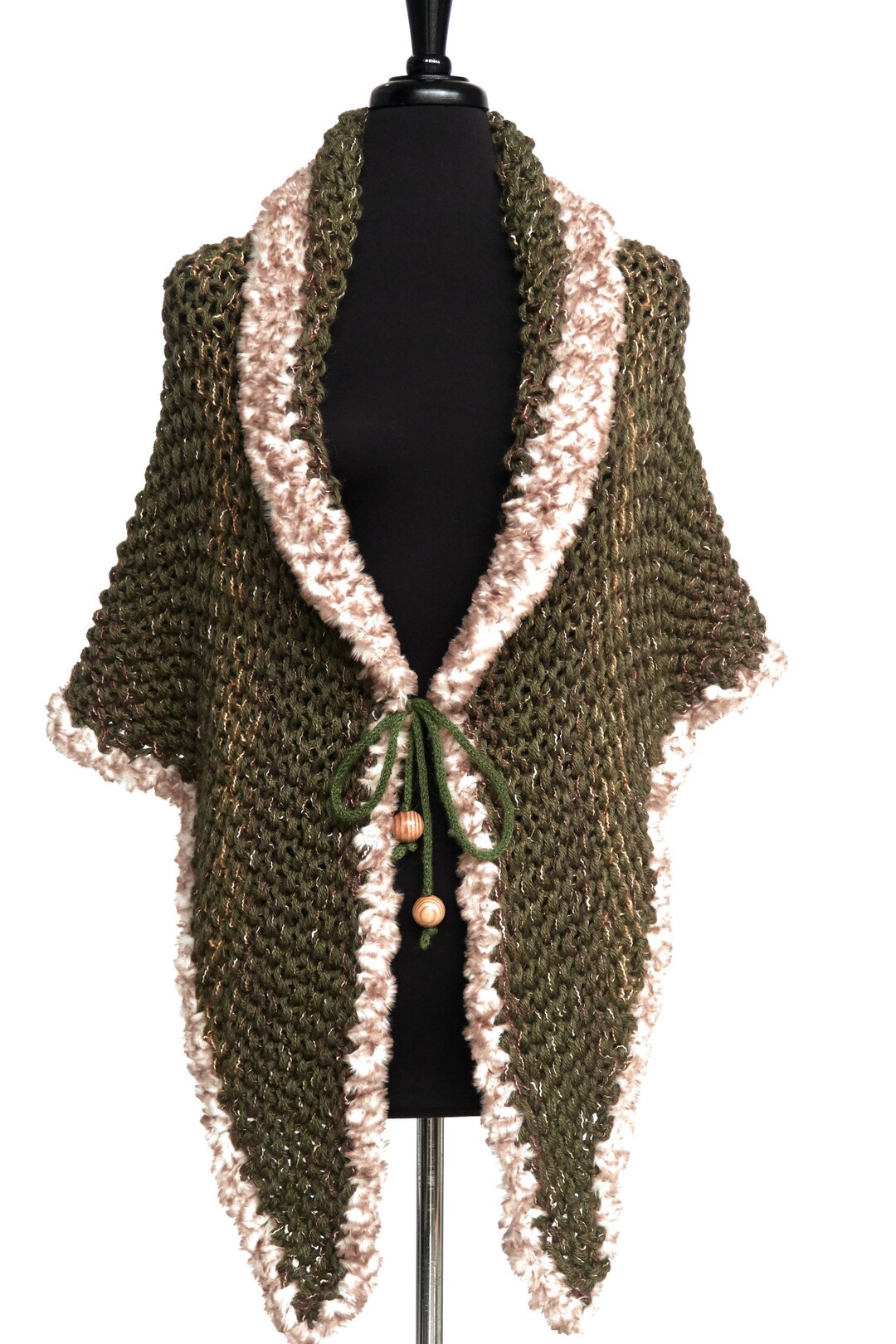 Green Knitted Shawl With Faux Fur Trim & Cord Ties - Etsy