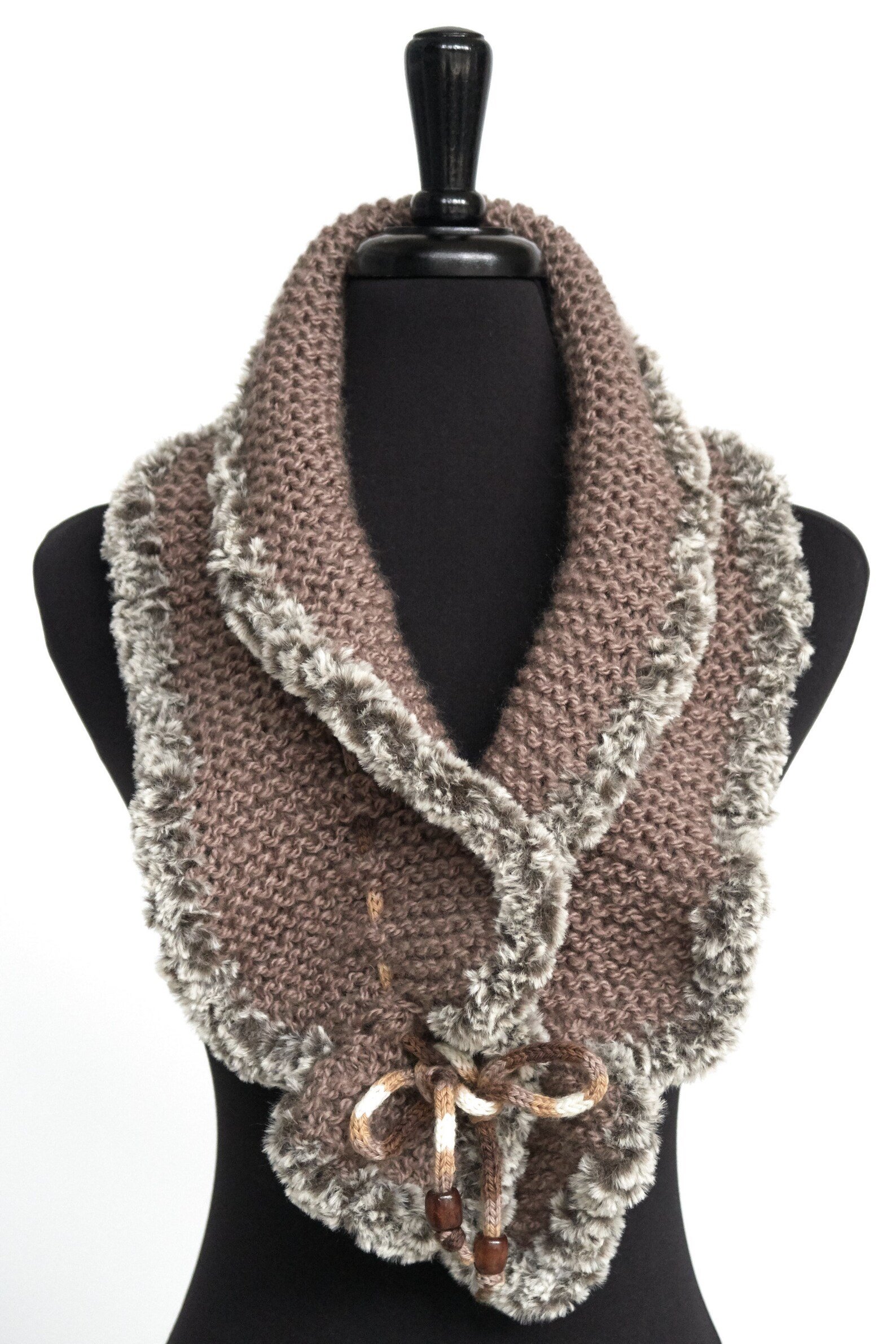 Knitted Scarf Collar Taupe Color Necklet With Cord Ties and Faux Fur ...