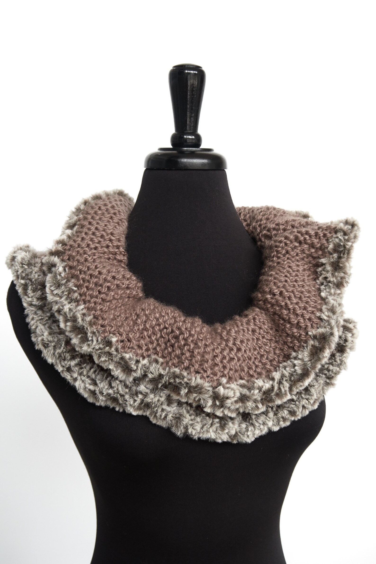 Knitted Scarf Collar Taupe Color Necklet With Cord Ties and Faux Fur ...