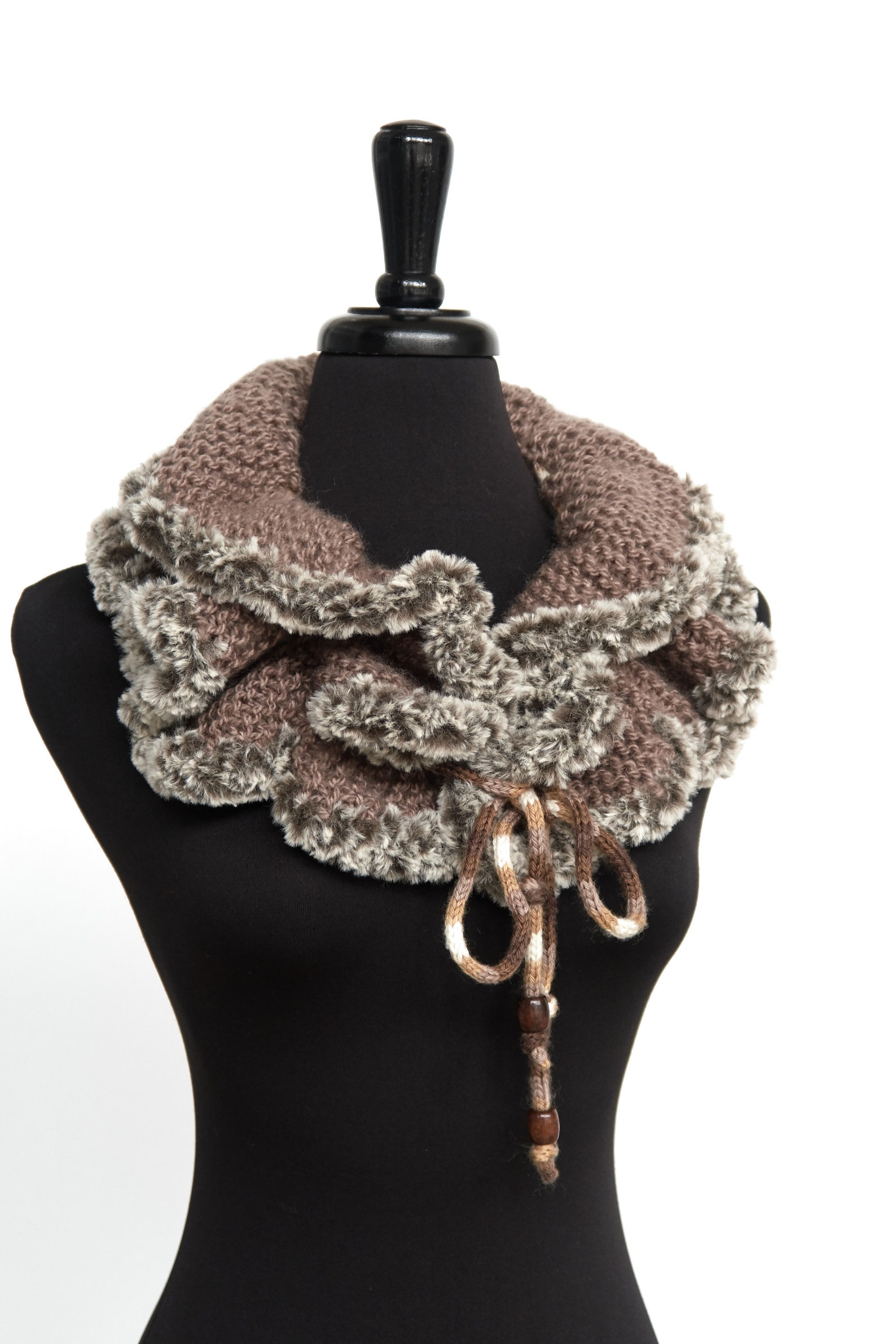 Knitted Scarf Collar Taupe Color Necklet With Cord Ties and Faux Fur ...