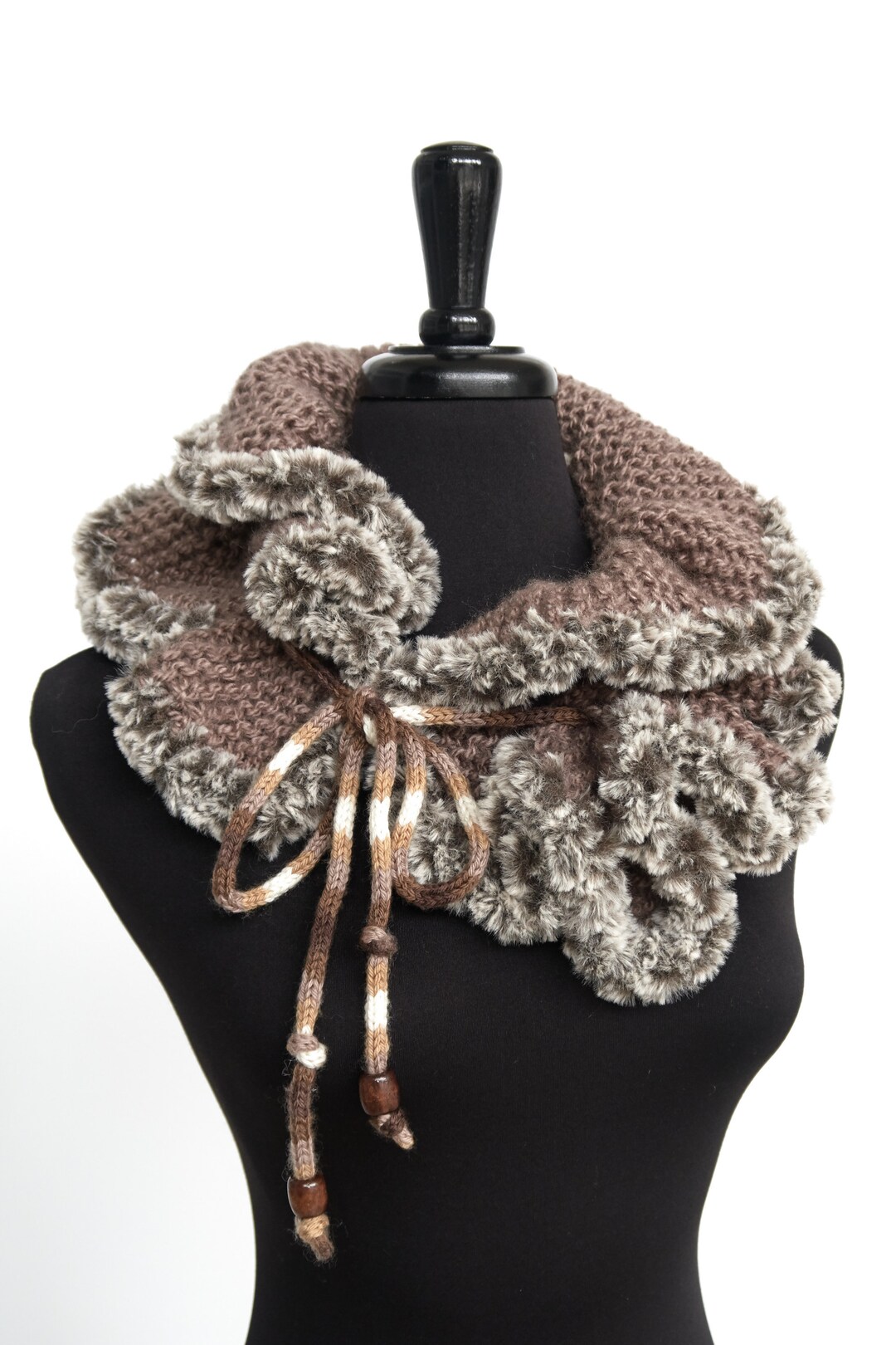 Knitted Scarf Collar Taupe Color Necklet With Cord Ties and Faux Fur ...
