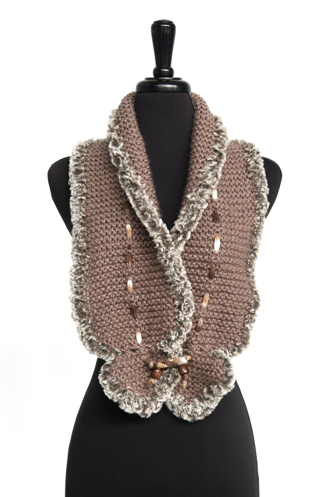 Knitted Scarf Collar Taupe Color Necklet With Cord Ties and Faux Fur ...