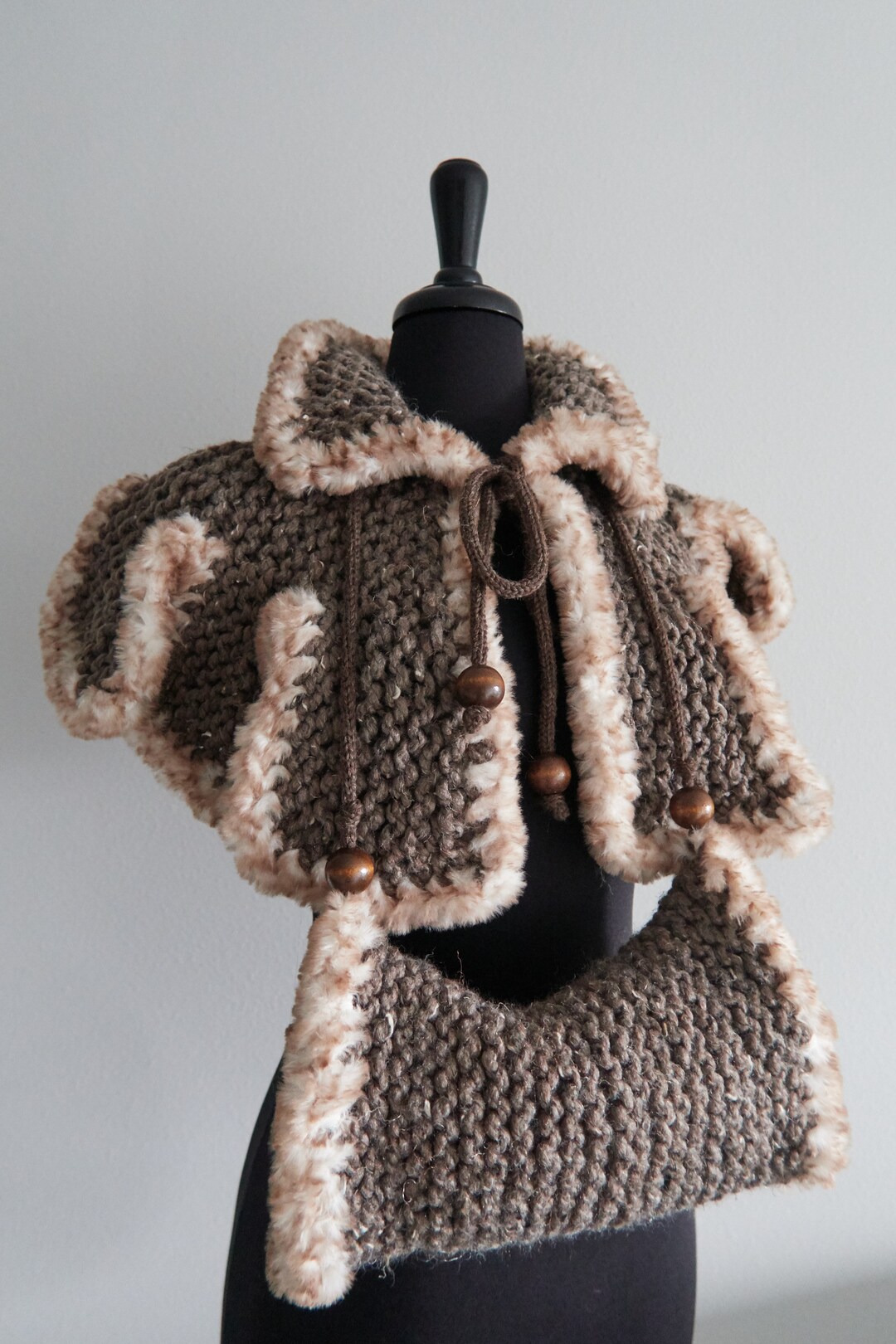 Knitted Capelet and Hand Muff Set: Faux Fur Trim, Wooden Beads - Etsy
