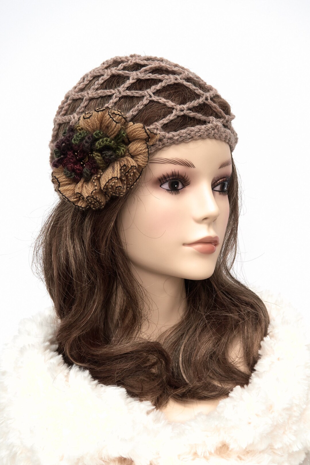 Crocheted Net Mesh Skull Beige Flapper Hat With Flower - Etsy
