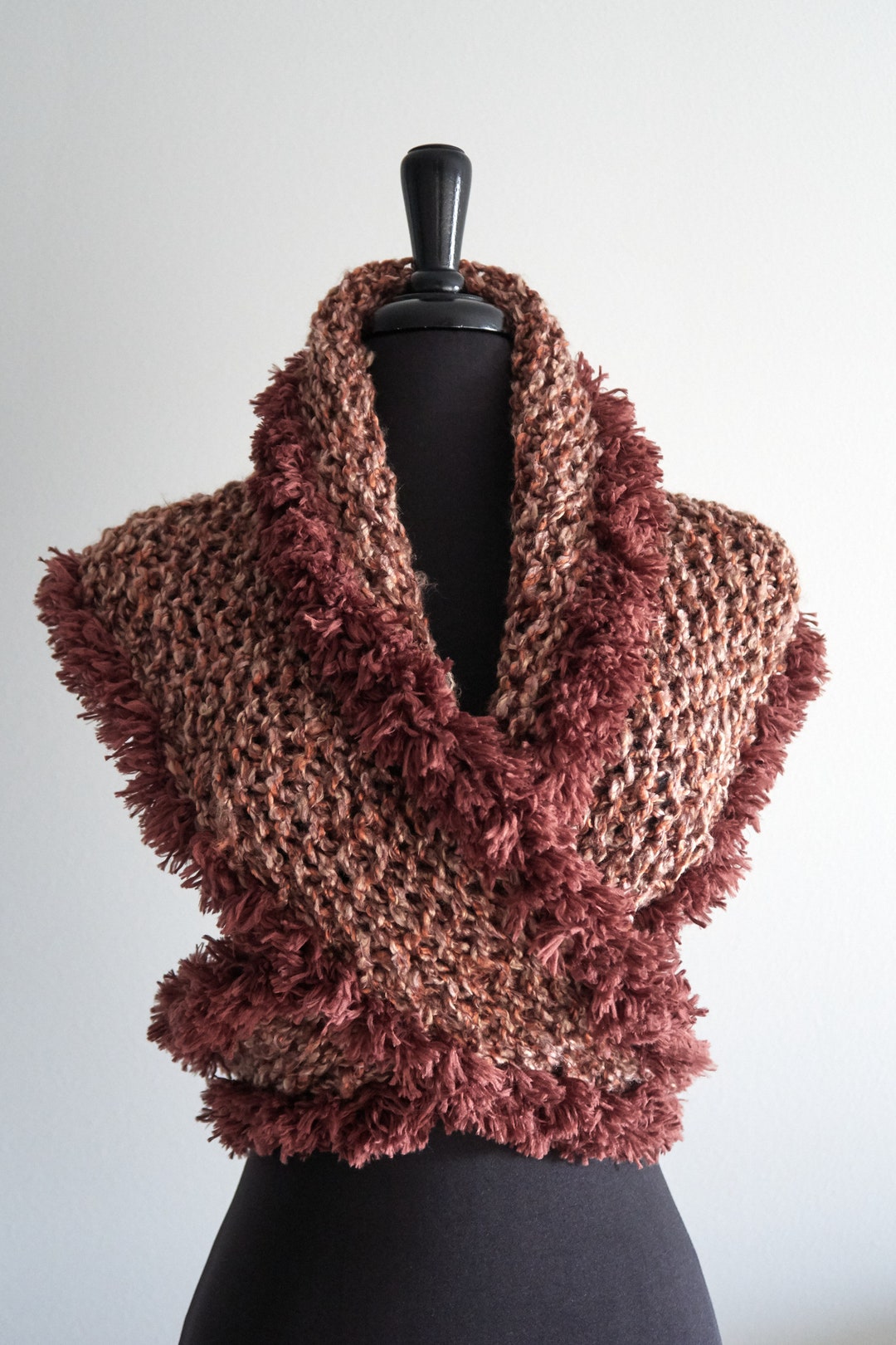 Knitted Fichu Shawl: Brown Mini Wrap With Faux Fur Trim and Ties - Etsy