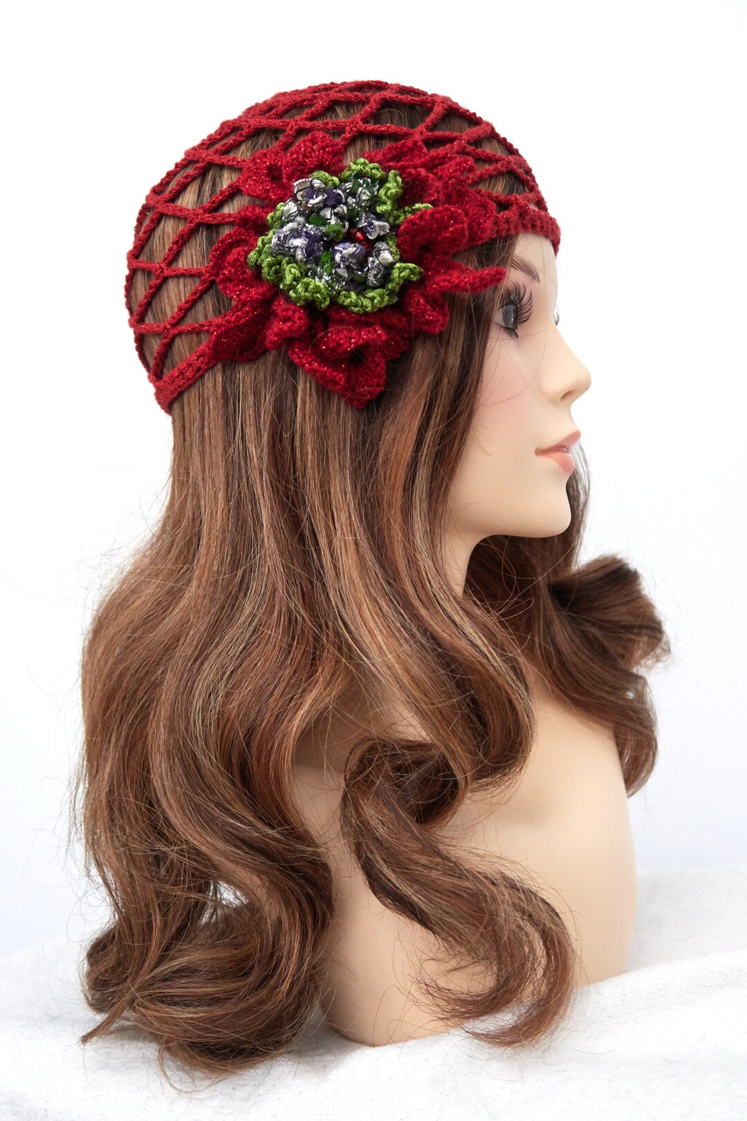 Crocheted Net Skull Cap Flapper Hat Red Green Flower - Etsy