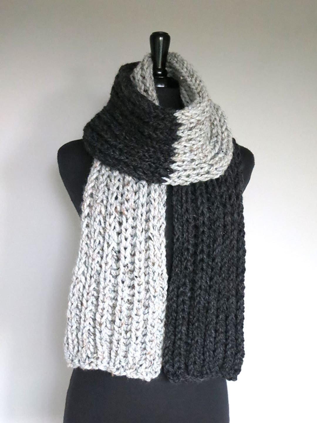 Knitted Scarf Two Colors Colorblock Light Dark Gray Charcoal Color Two ...
