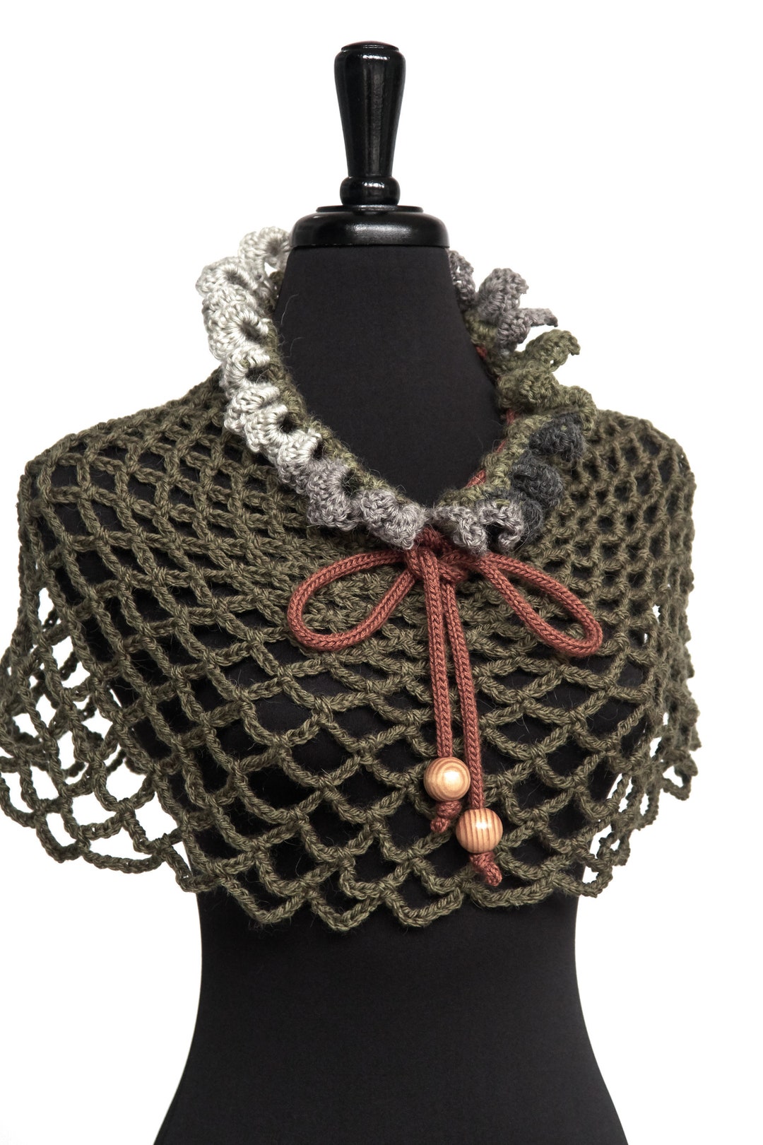 Green Crochet Capelet Cowl Collar With Brown Cord Ties and Wooden Beads ...
