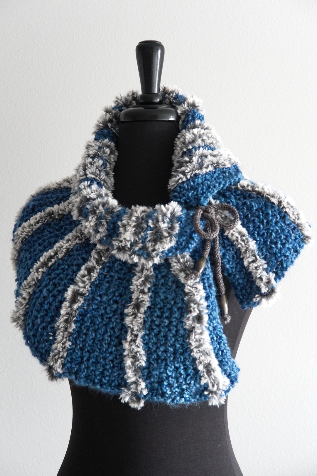 Knitted Capelet Marine Blue Color Collar Turtleneck Faux Fur Trim Cord ...