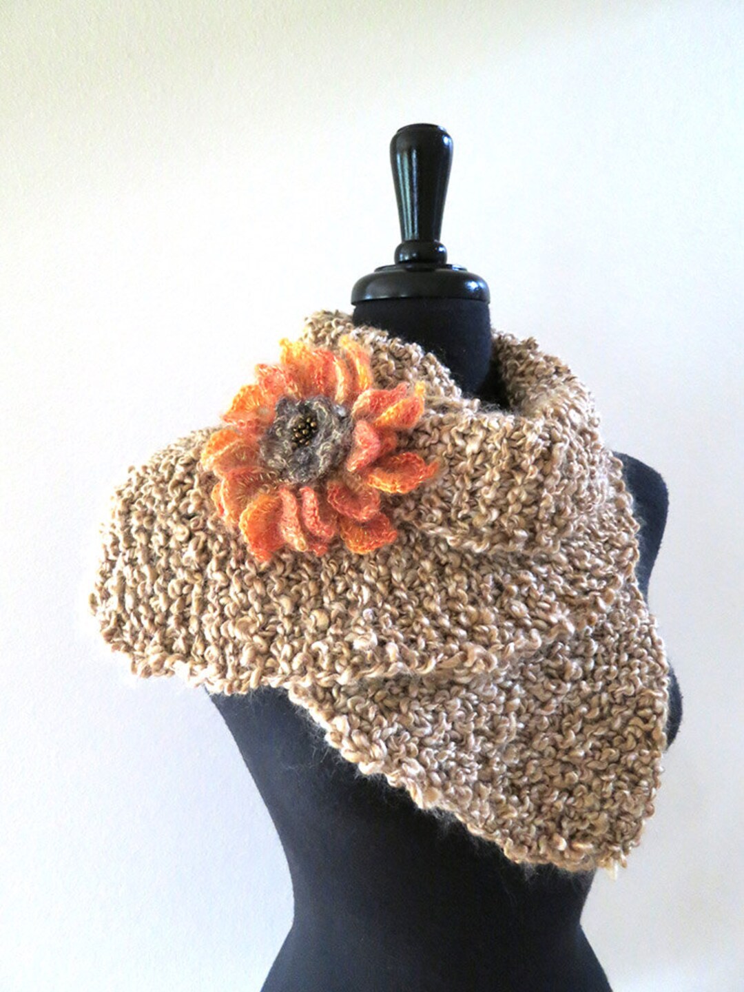 Knitted Scarf Collar Dickey Beige Wheat Oatmeal Color Cowl With Crochet ...