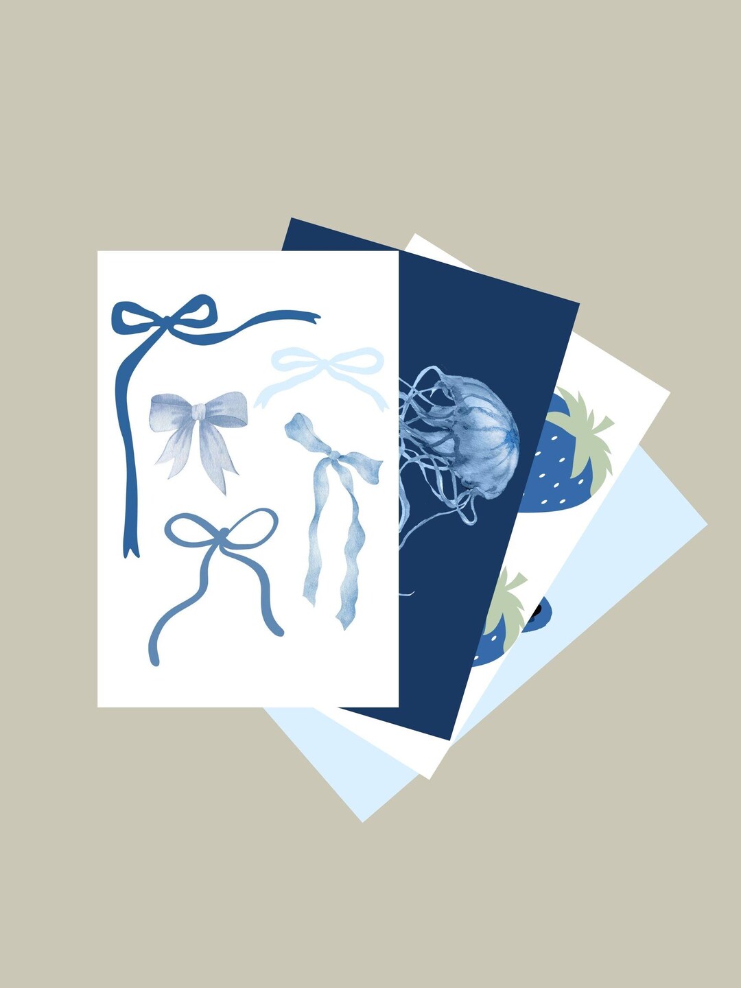 Blue Aesthetic Prints - Coastal Jellyfish, Bows, Strawberries (digital ...