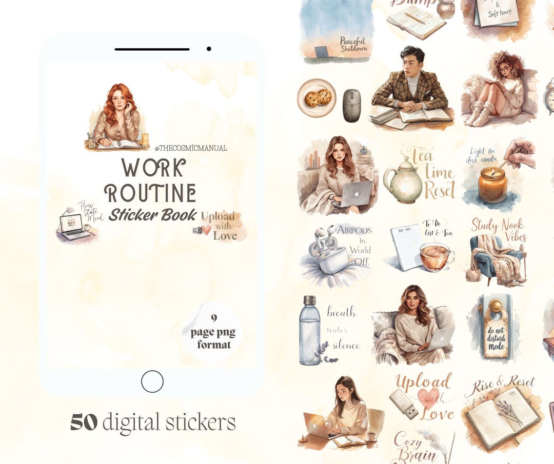 50 Cozy Work Routine Stickers | Soft Office Aesthetic PNG | Digital ...