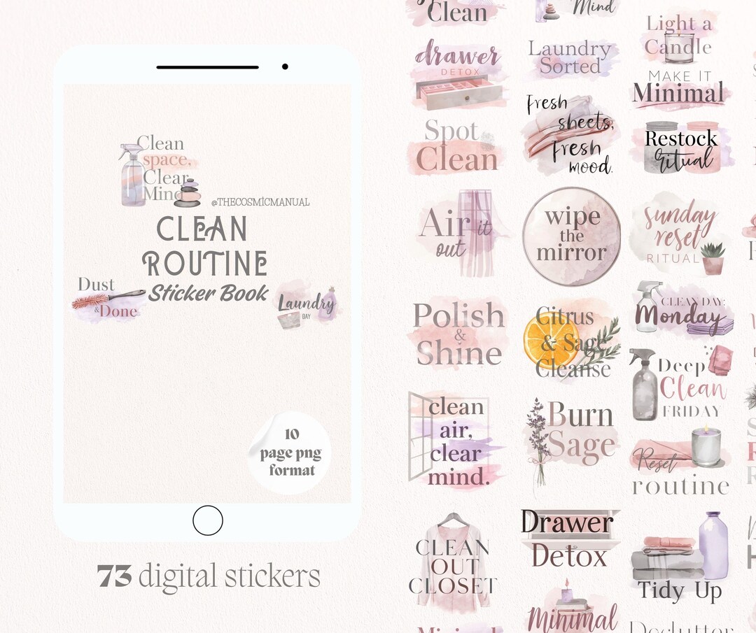 73 Watercolor Cleaning Stickers | Minimal Reset Planner | Digital ...