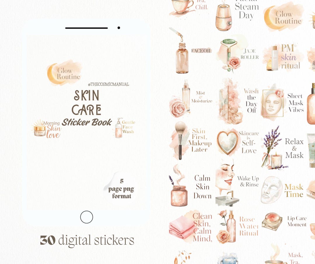 Skin Care & Glow Routine – 30 Watercolor Self-care Stickers (PNG Set ...