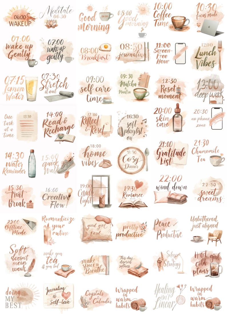 Daily Routine Stickers – Watercolor Planner, Self-care (PNG Digital ...