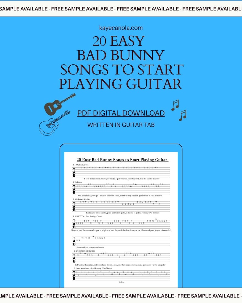 Easy Guitar TAB: 20 Bad Bunny Songs | Printable PDF Digital Download ...