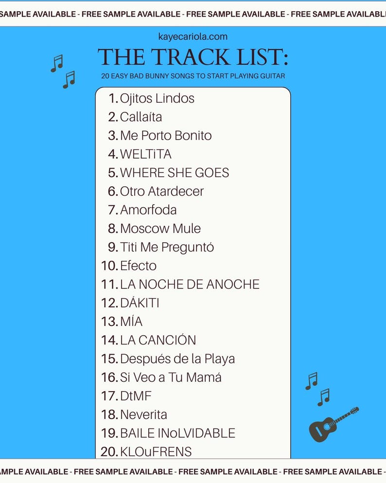 Easy Guitar TAB: 20 Bad Bunny Songs | Printable PDF Digital Download ...