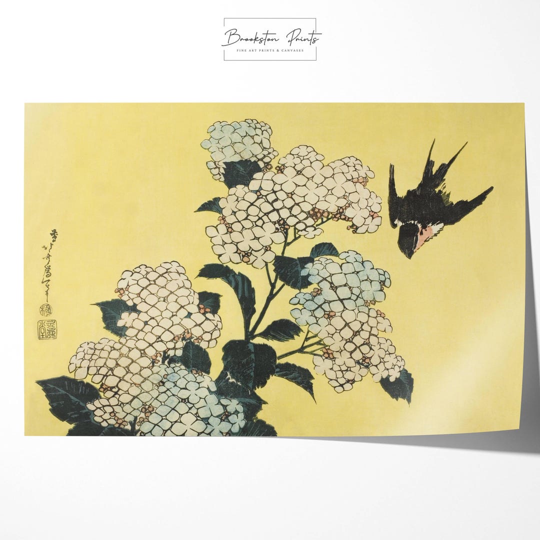 Hydrangea and Swallow Art Print, Vintage Katsushika Hokusai Print, Wall ...